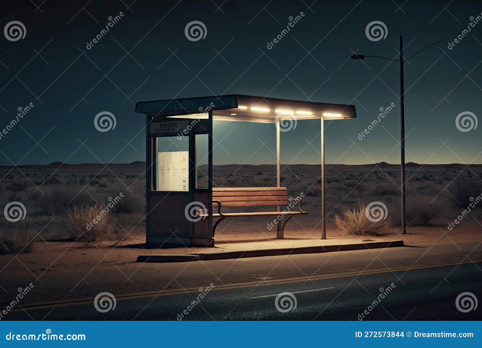 A Desolate Bus Stop, with only a Single Bench and a Dimly Lit Sign, in ...