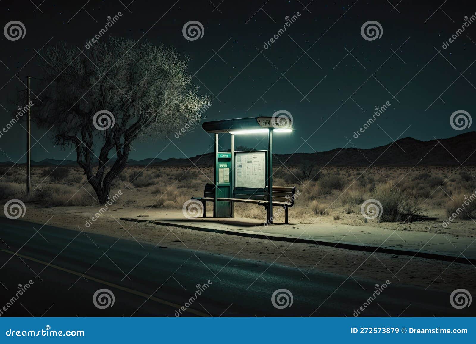 A Desolate Bus Stop, with only a Single Bench and a Dimly Lit Sign, in ...