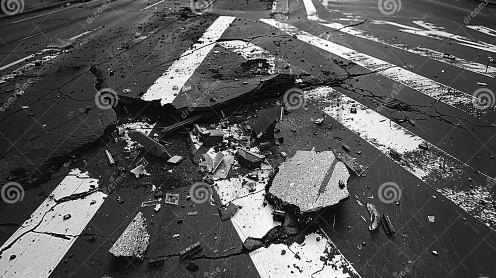 Desolate Crossroads Car Accident Aftermath with Damaged Infrastructure ...