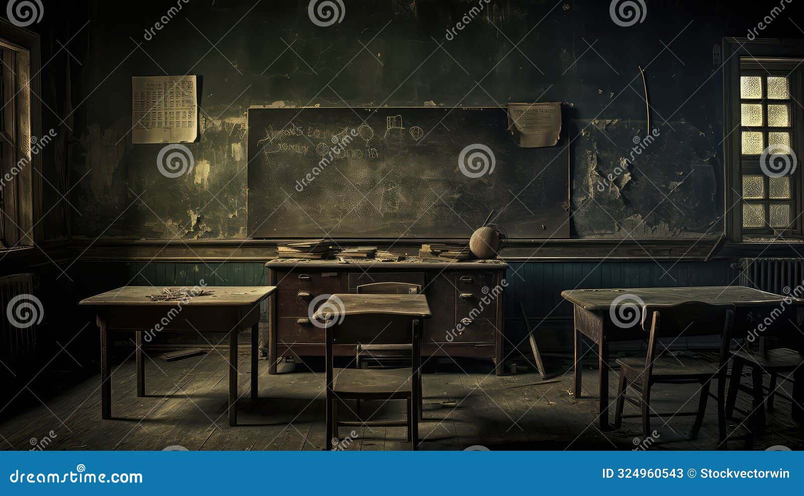 Desolate dark classroom stock illustration. Illustration of somber ...