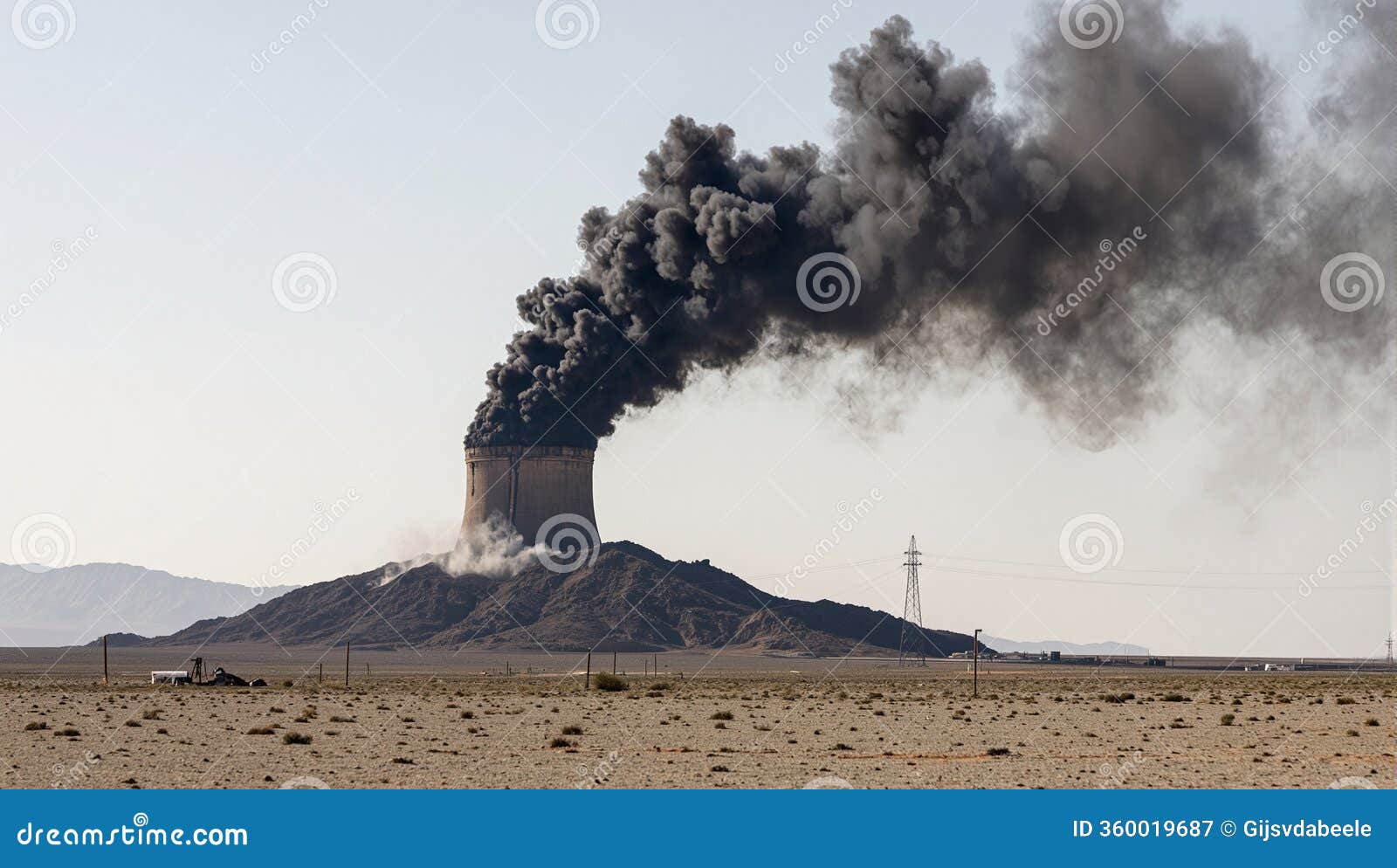 Desolate Desert Landscape with Smoke Tower Emitting Black Smoke ...