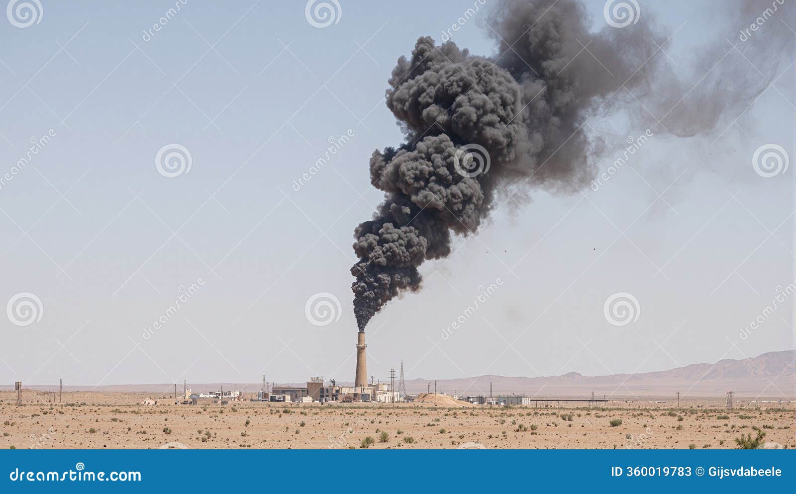 Desolate Desert Landscape with Smoke Tower Emitting Black Smoke ...
