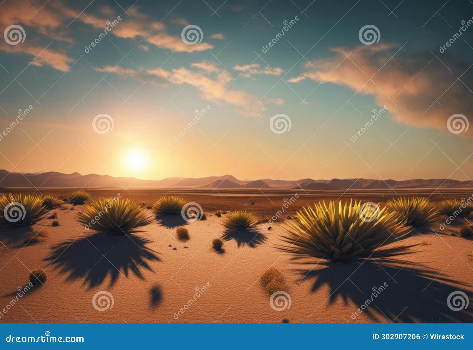 Desolate Desert Landscape with Sun Rays Creating Shadows Across the Sandy Terrain, AI-generated ...