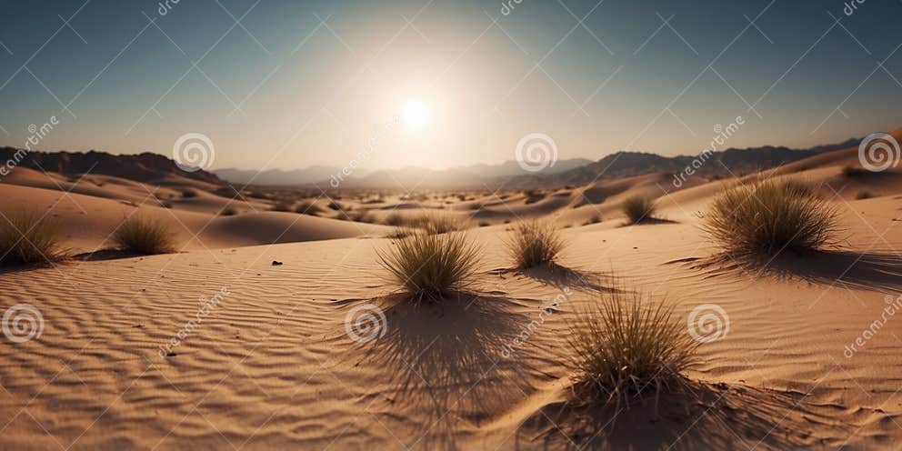 A Desolate Desert Landscape with a Sun in the Sky. Stock Photo - Image ...