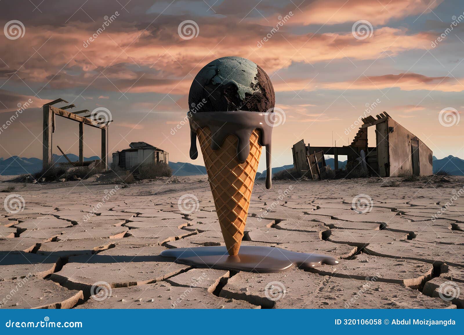 Desolate Earth with Melting Ice Cream Cone, Dilapidated Structures ...