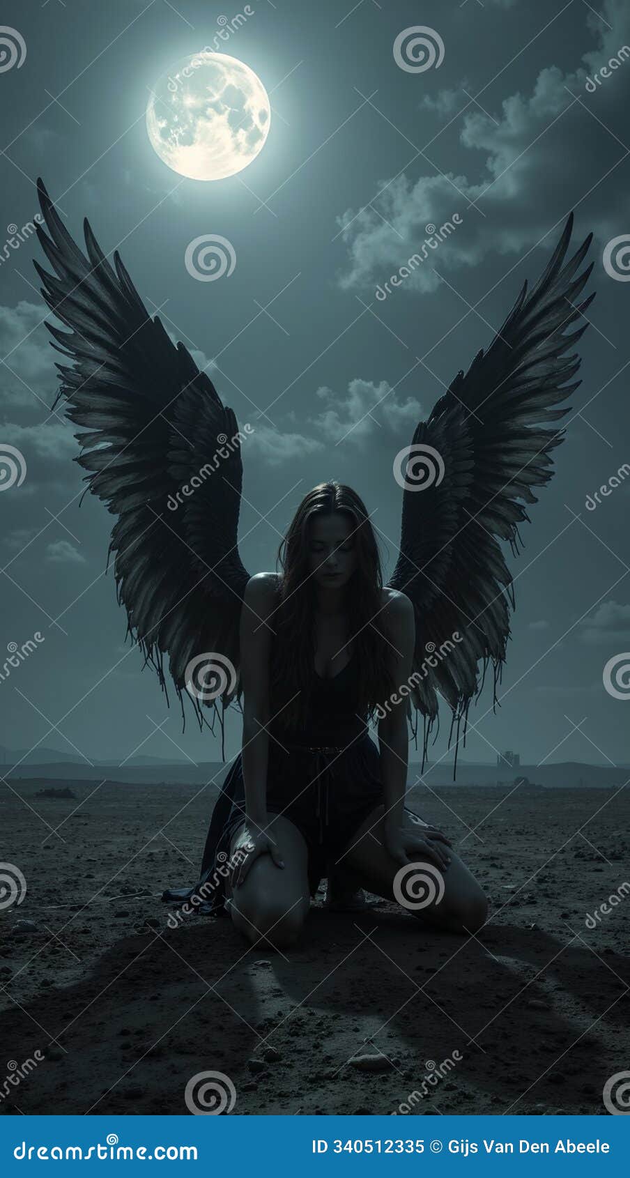 Desolate Fallen Angel with Tattered Wings in Moonlight Stock ...