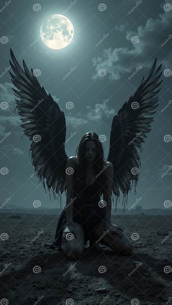 Desolate Fallen Angel with Tattered Wings in Moonlight Stock ...