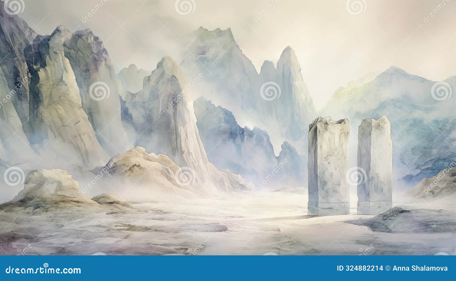 Desolate Fantasy Landscape and Ancient Stone Pillars Depicting the Ten ...