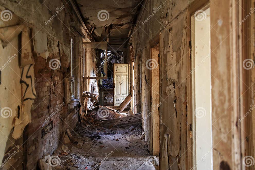 Desolate Hallway with Many Doors Full of Debris Stock Image - Image of ...