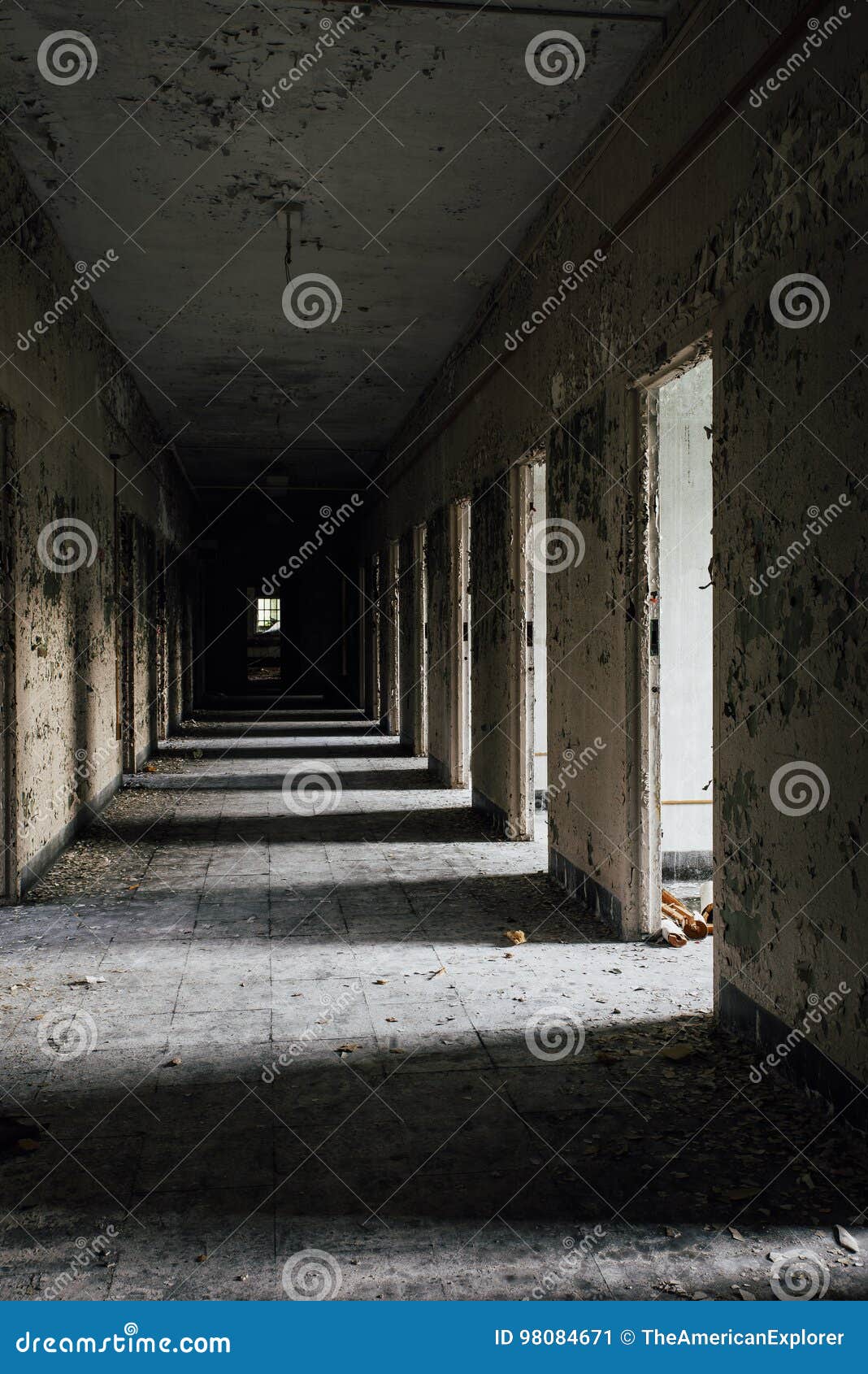 Desolate Hallway with Open Doors - Abandoned Hospital Stock Image ...