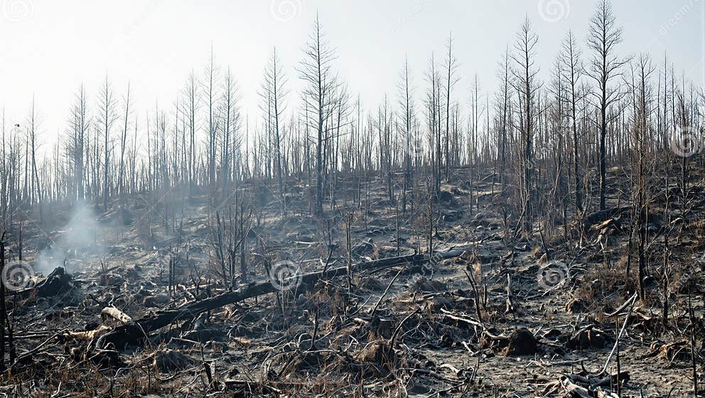 Desolate Hillside with Burned Trees and Fallen Trunks Ash Blowing in ...