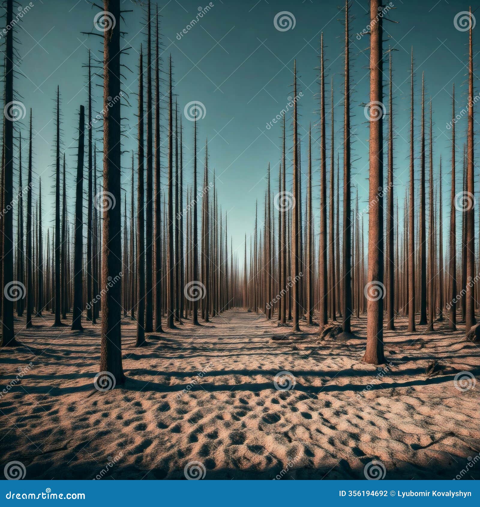 Desolate Landscape of Leafless Trees Standing on Sandy Ground Stock ...