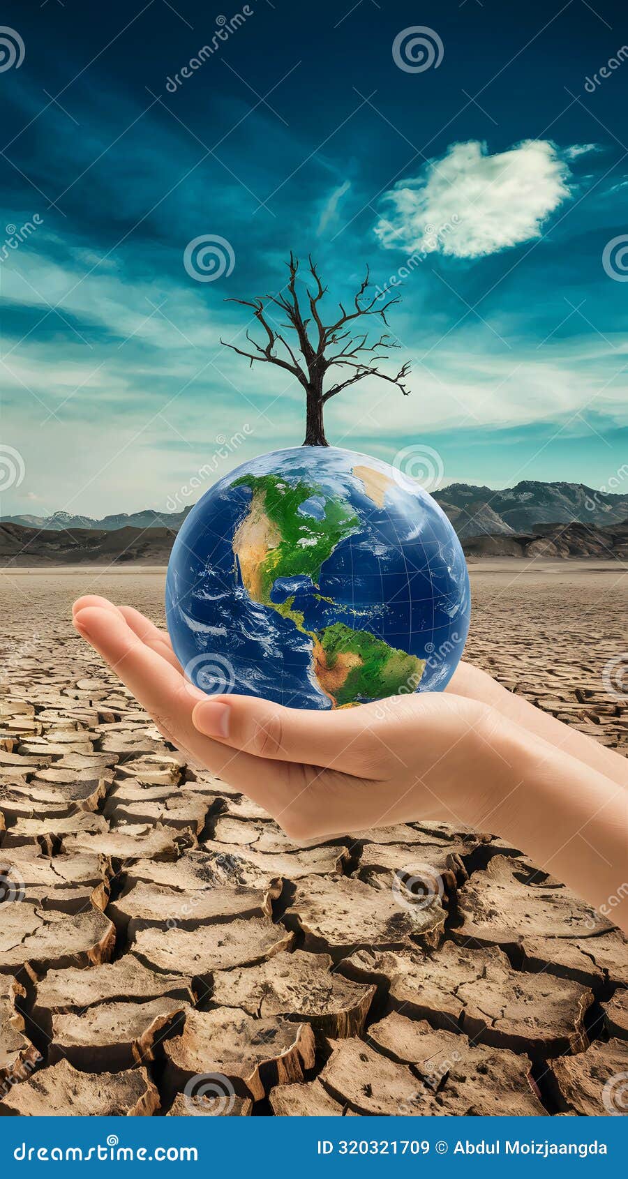 Desolate Landscape with Lone Tree, Cracked Earth, and Globe Symbolizing ...