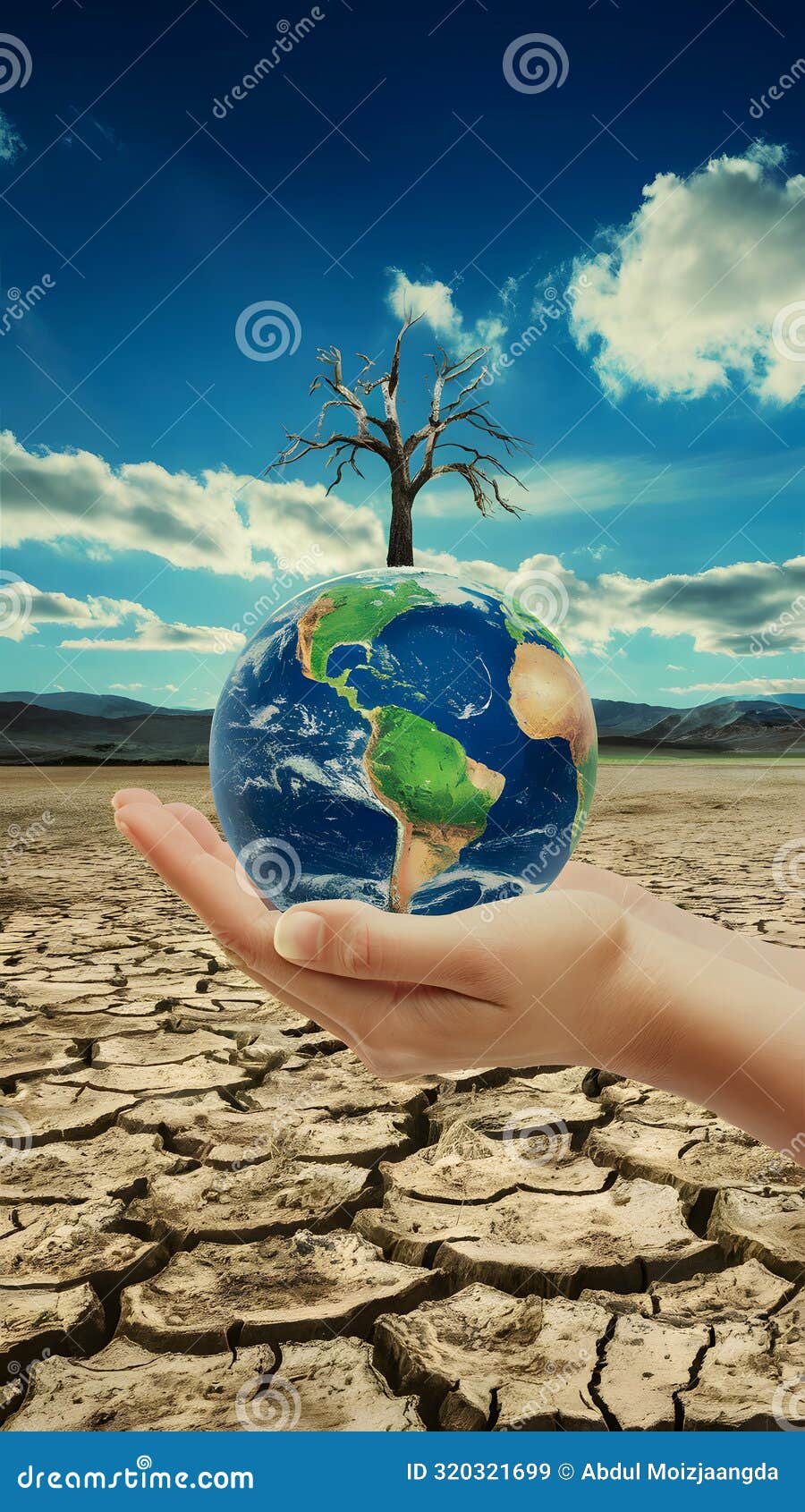 Desolate Landscape with Lone Tree, Cracked Earth, and Globe Symbolizing ...