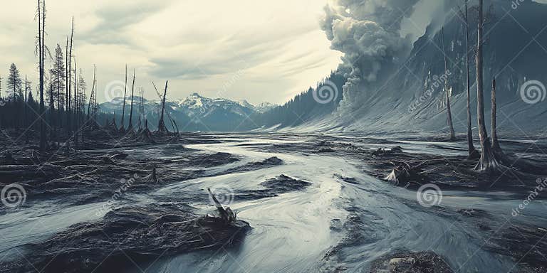 A Desolate Landscape with a River and a Volcano in the Background Stock ...