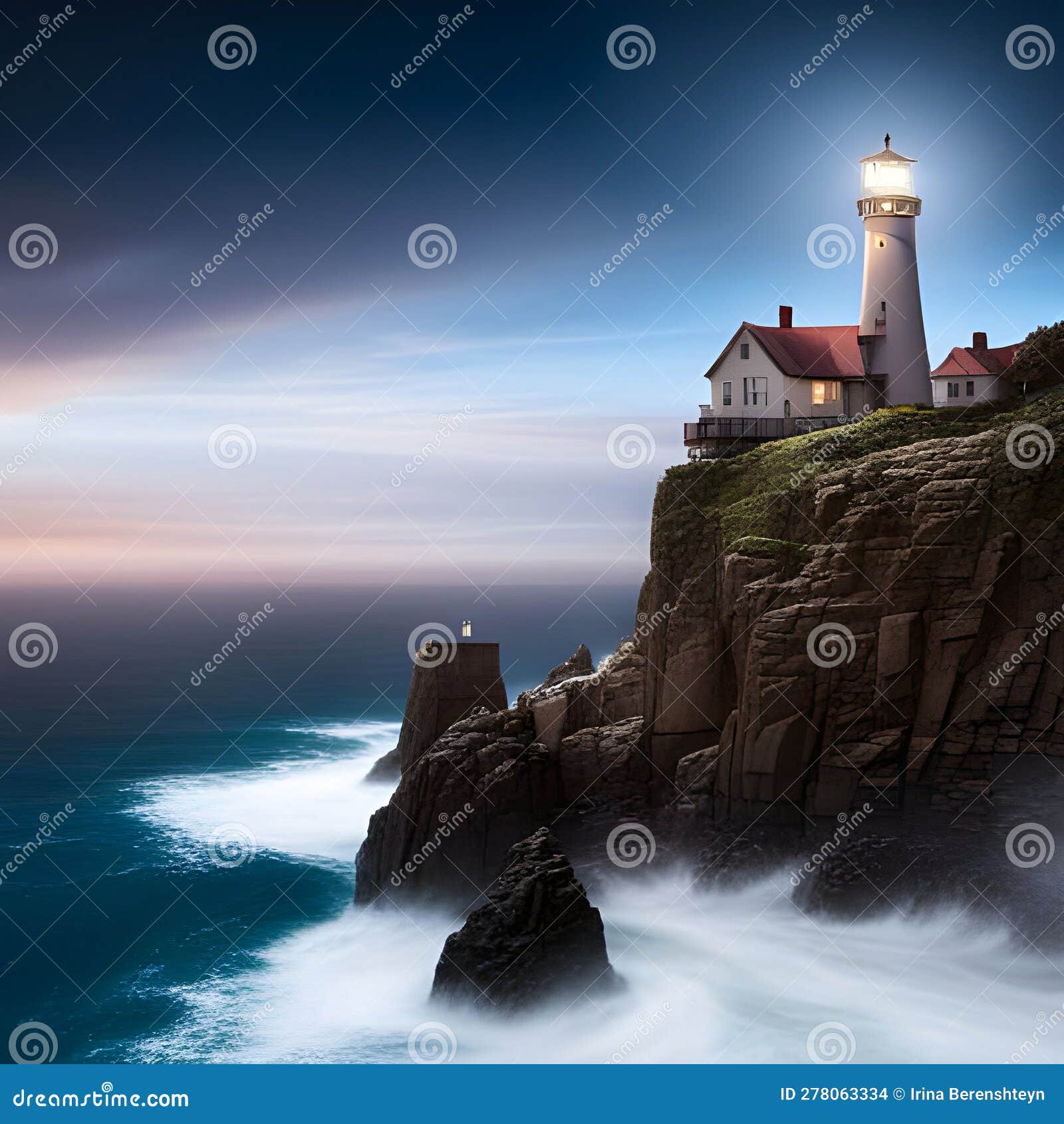 Desolate Lighthouse on the Cliff Over Sea Illuminated at Night ...