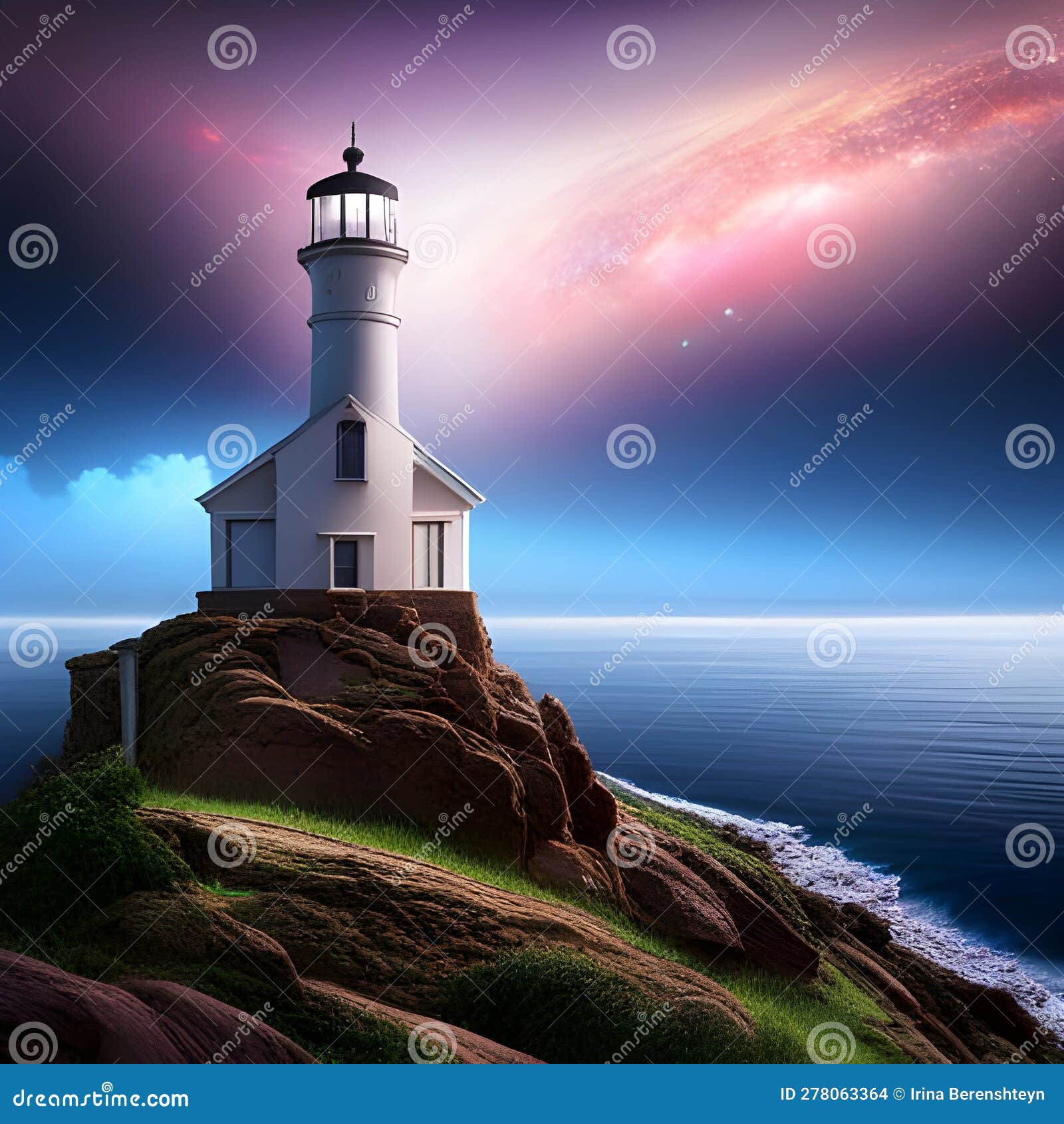 Desolate Lighthouse on the Cliff Over Sea Illuminated at Night ...