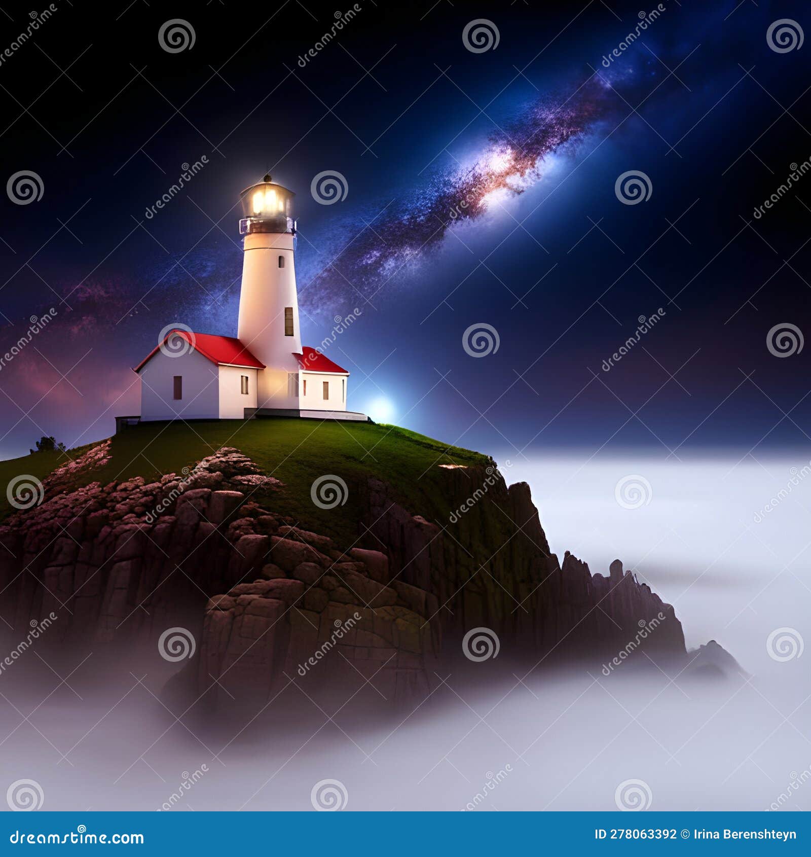 Desolate Lighthouse on the Cliff Over Sea Illuminated at Night ...