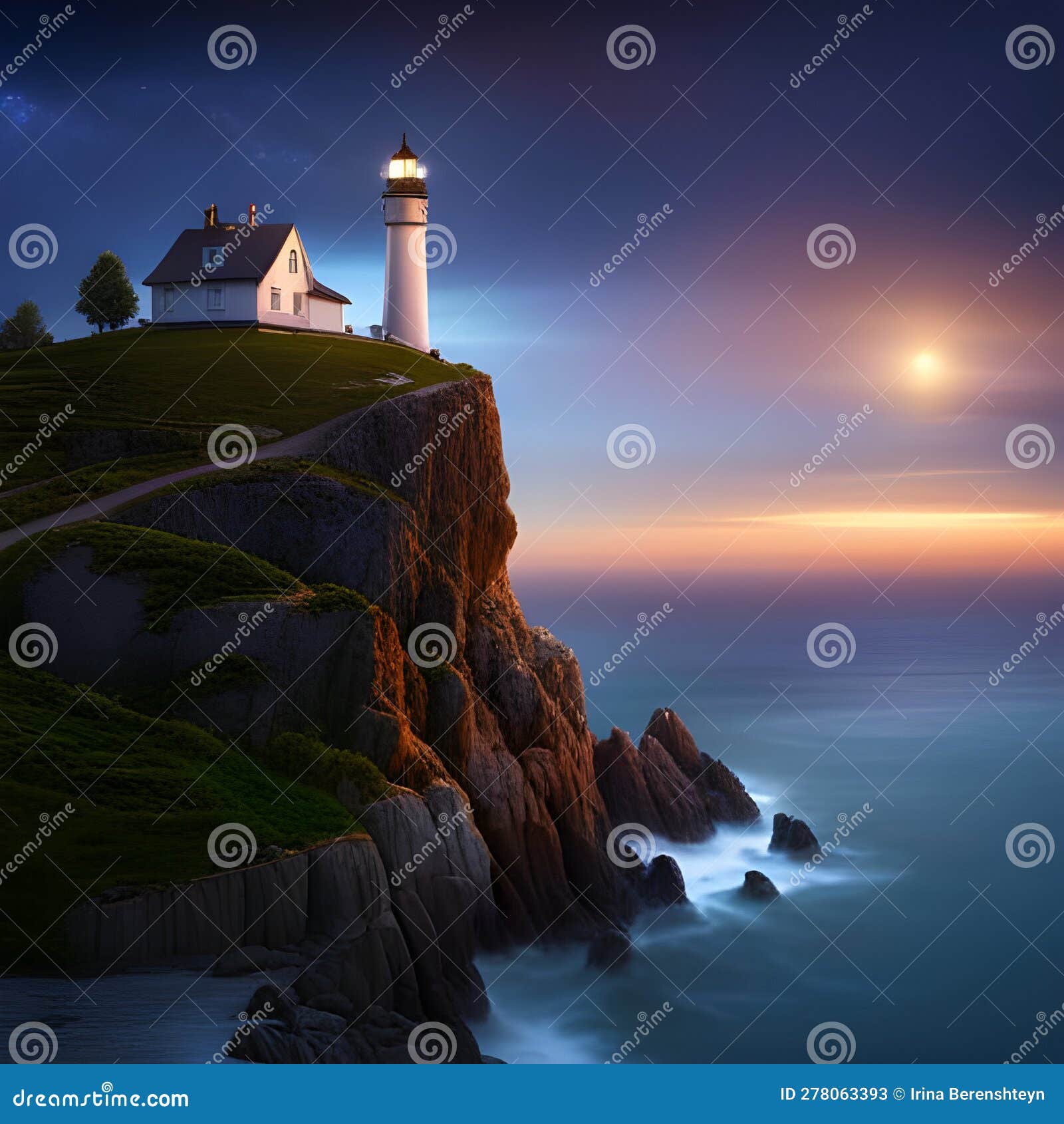 Desolate Lighthouse on the Cliff Over Sea Illuminated at Night ...