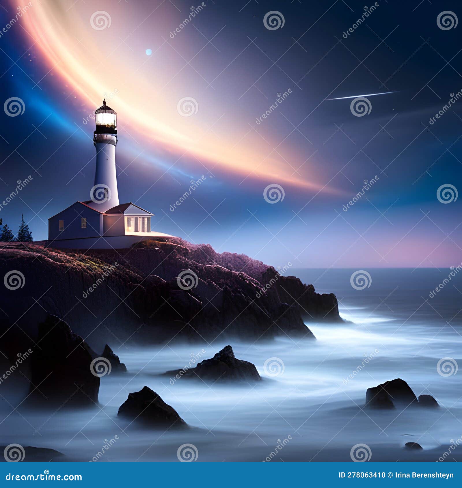 Desolate Lighthouse on the Cliff Over Sea Illuminated at Night ...
