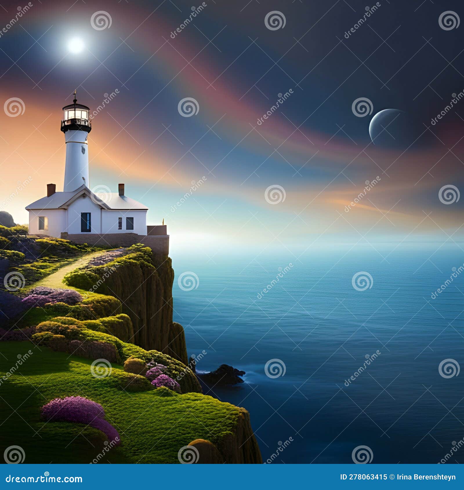 Desolate Lighthouse on the Cliff Over Sea Illuminated at Night ...