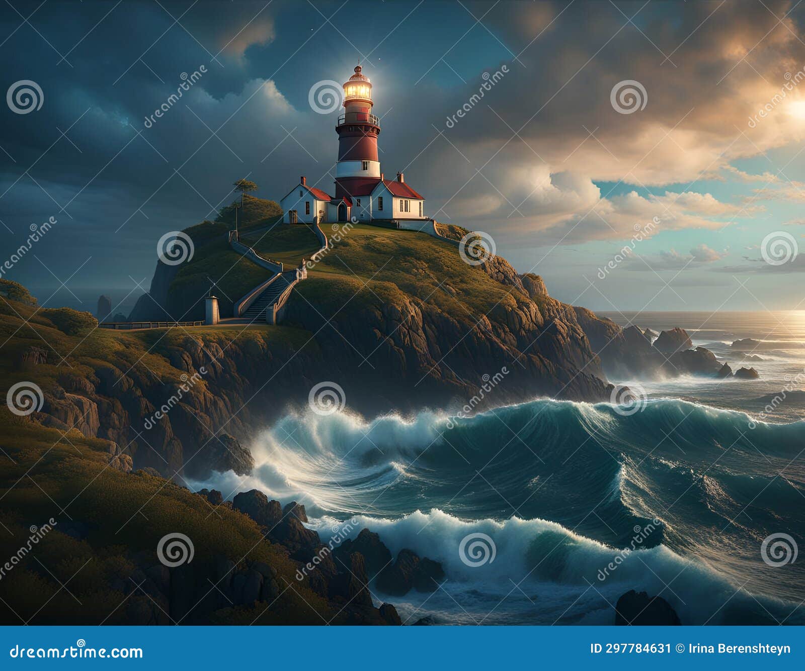 Desolate Lighthouse on the Cliff Over Sea Illuminated at Night ...