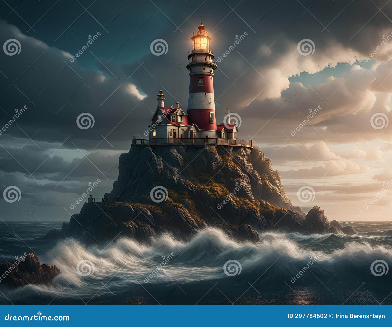 Desolate Lighthouse on the Cliff Over Sea Illuminated at Night ...