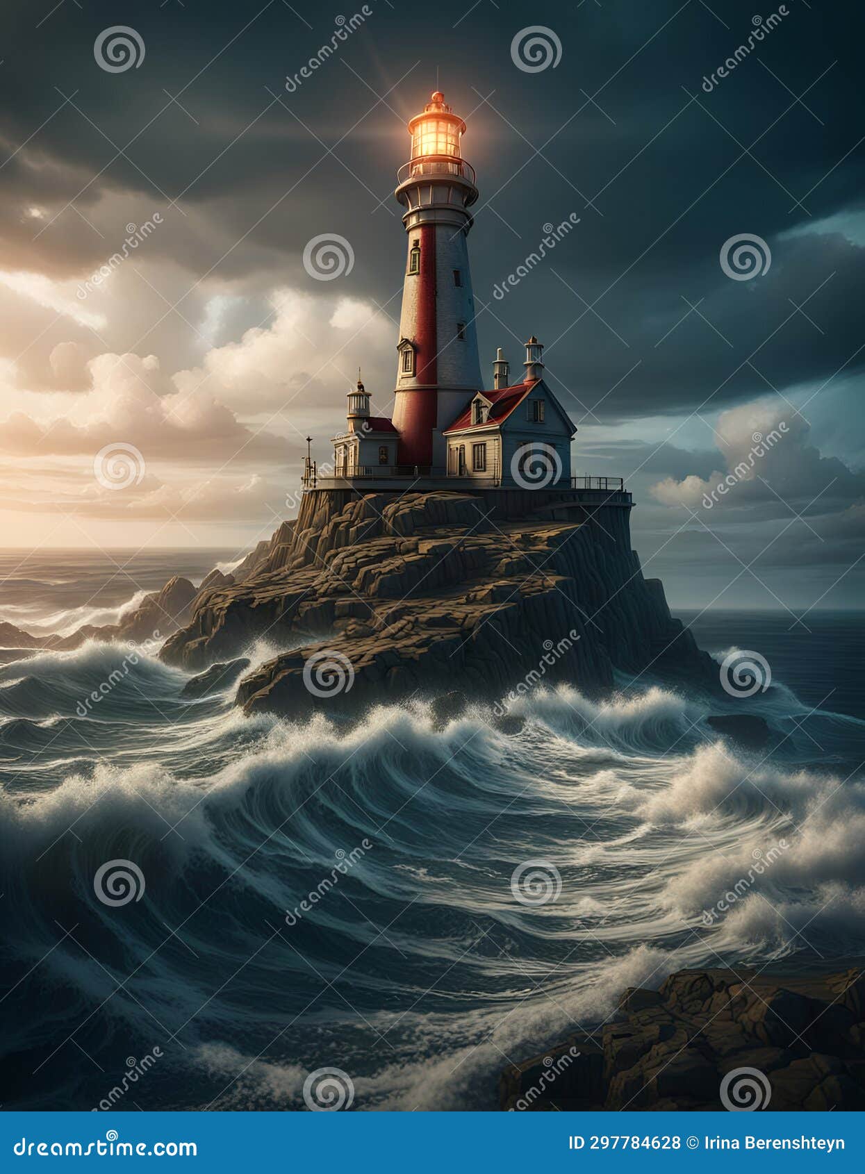 Desolate Lighthouse on the Cliff Over Sea Illuminated at Night ...