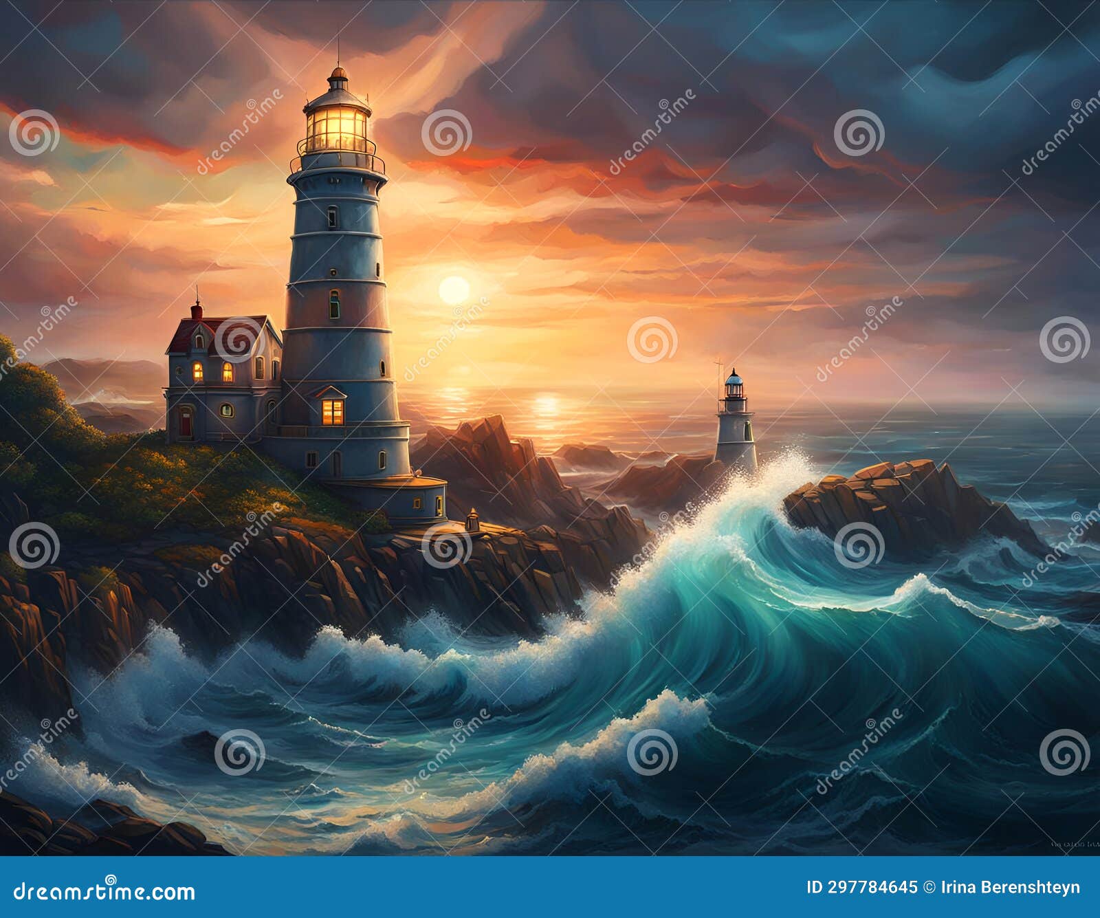 Desolate Lighthouse on the Cliff Over Sea Illuminated at Night ...