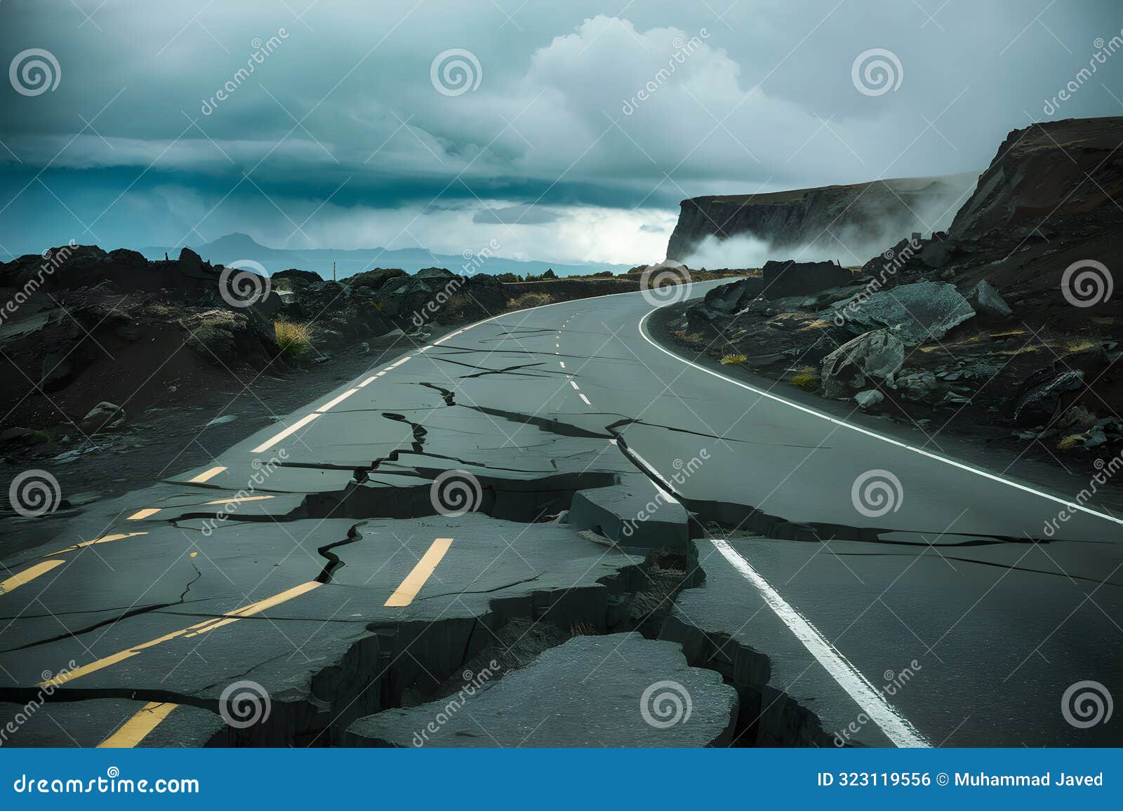 Desolate Road Winds through Cracked Terrain with Stormy Clouds and ...