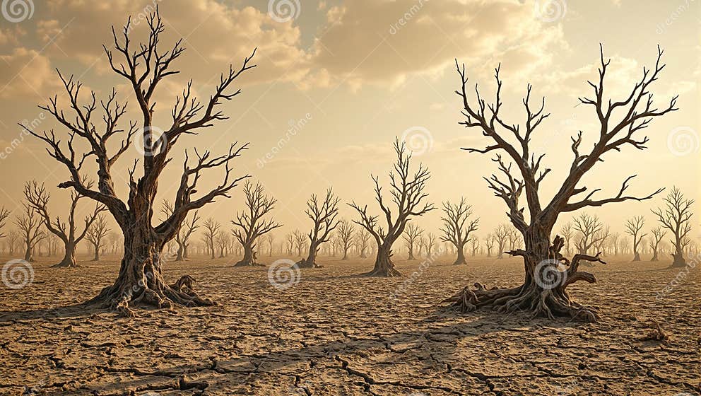 Desolate Scorched Earth with Twisted Trees Under a Dusty Sky Stock ...