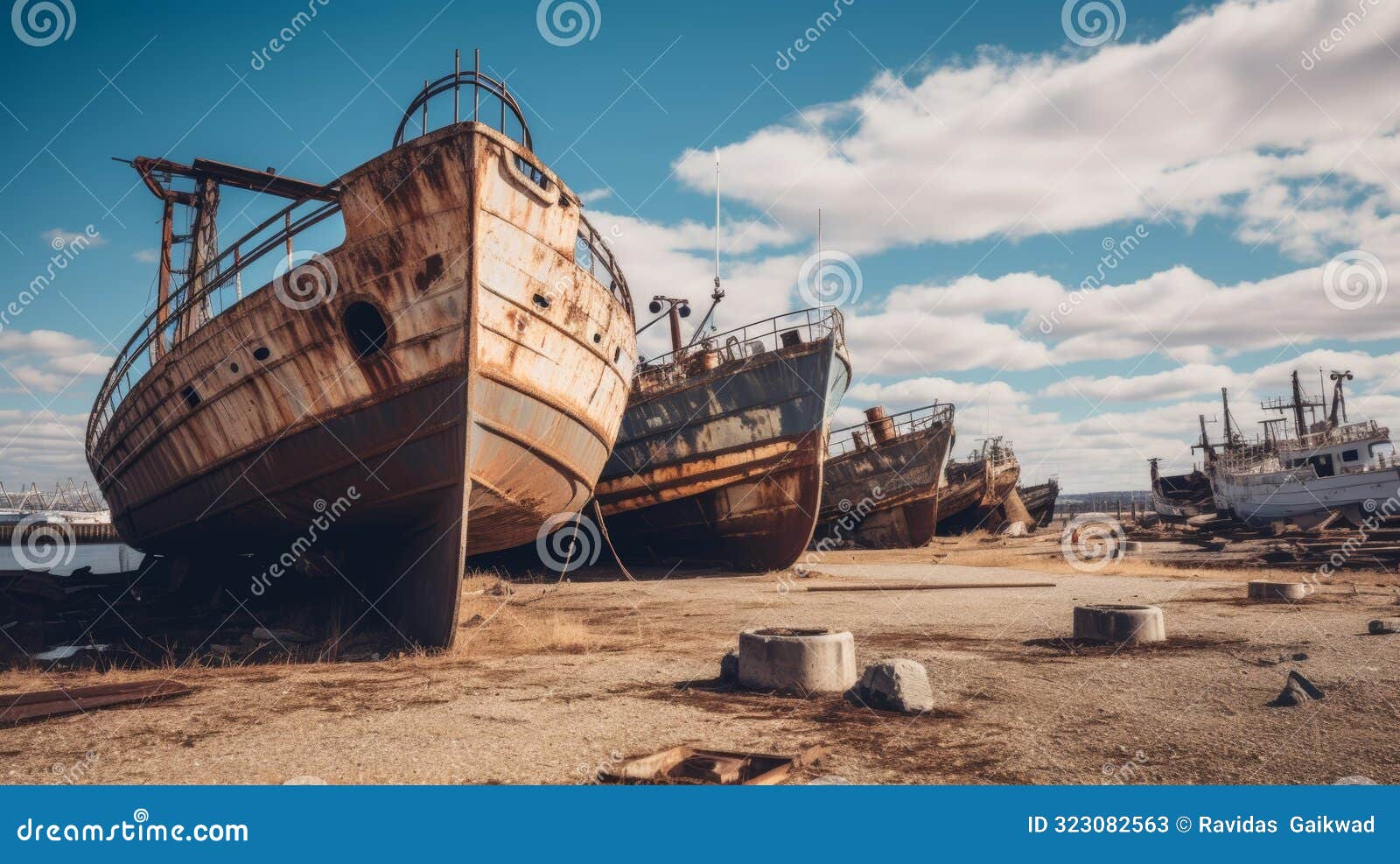 Decaying Shipyard With Abandoned Boats, Silent And Desolate Stock Photo ...