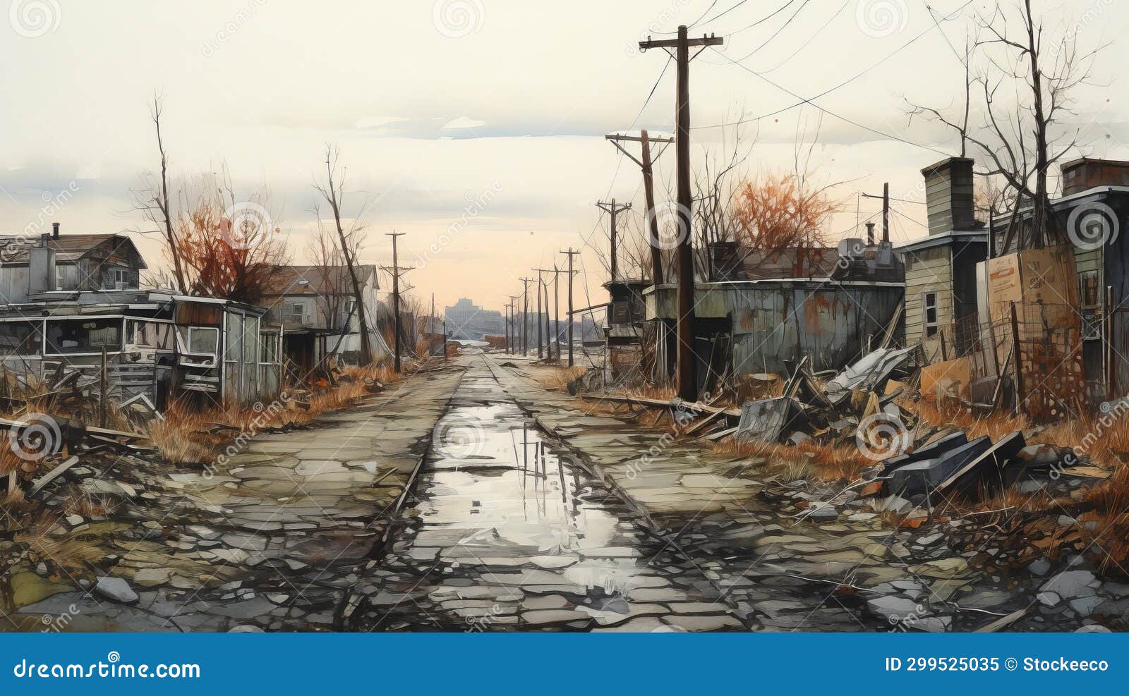 Desolate Street: Hyper-realistic Water Painting of Dilapidated Setting ...