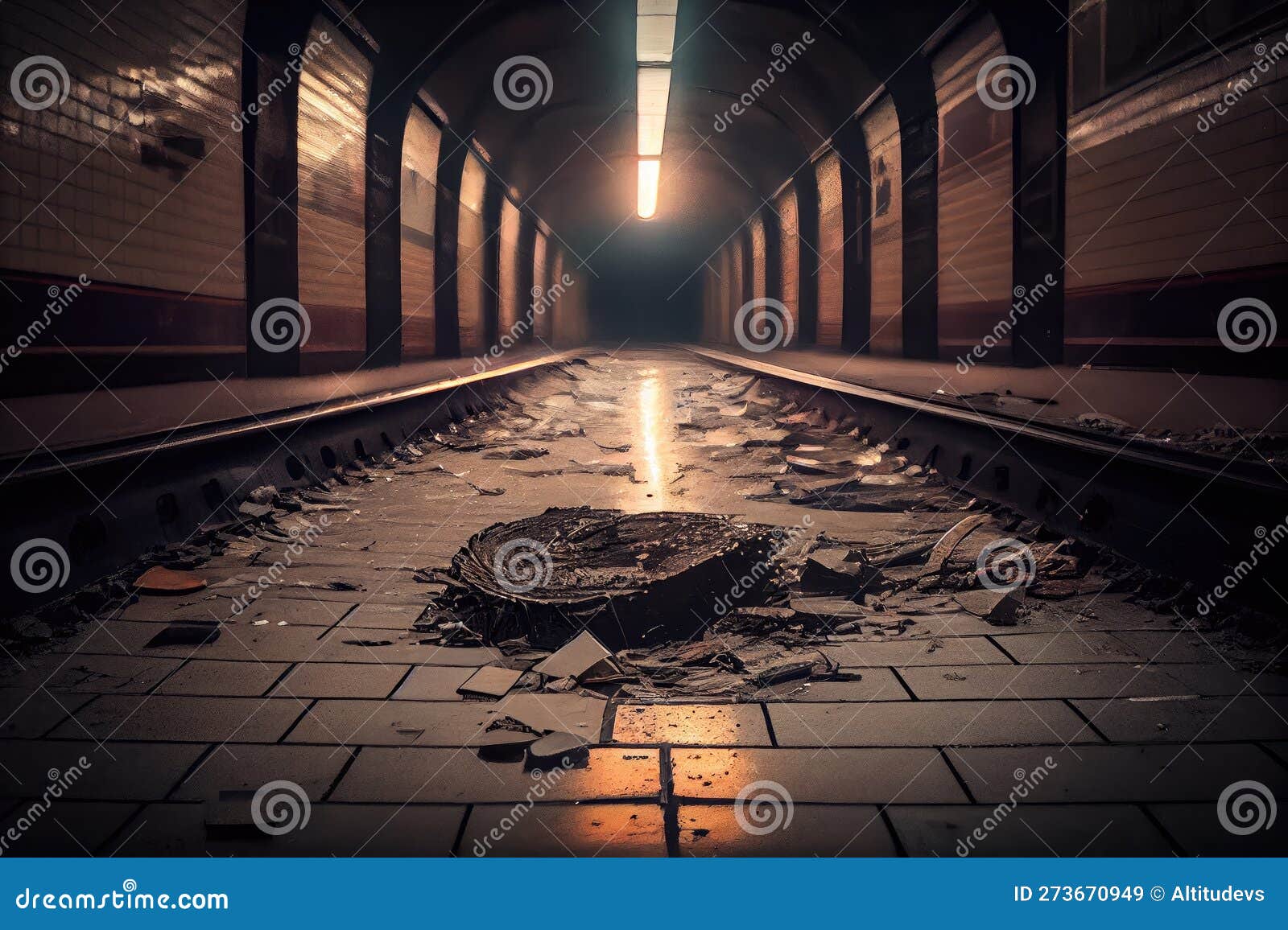 Desolate Subway Tunnel, with Broken Lights and Trash on the Floor Stock ...