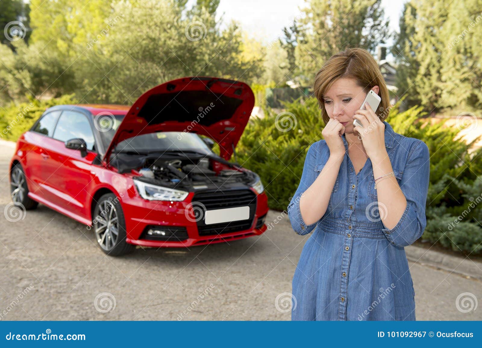 Desperate Confused Woman Stranded With Broken Car Engine Crash Accident Calling On Mobile Phone 2618