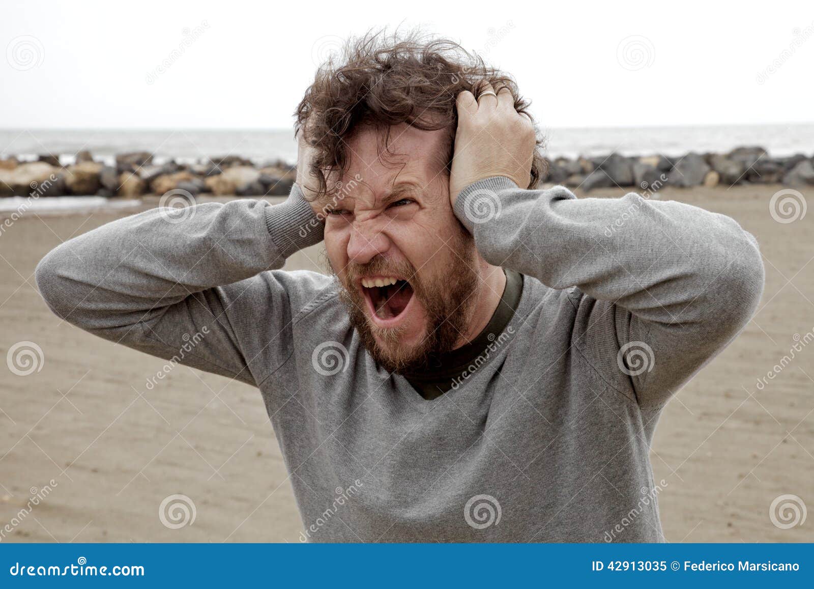 Desperate Crazy Man Shouting on the Beach Stock Image - Image of male ...
