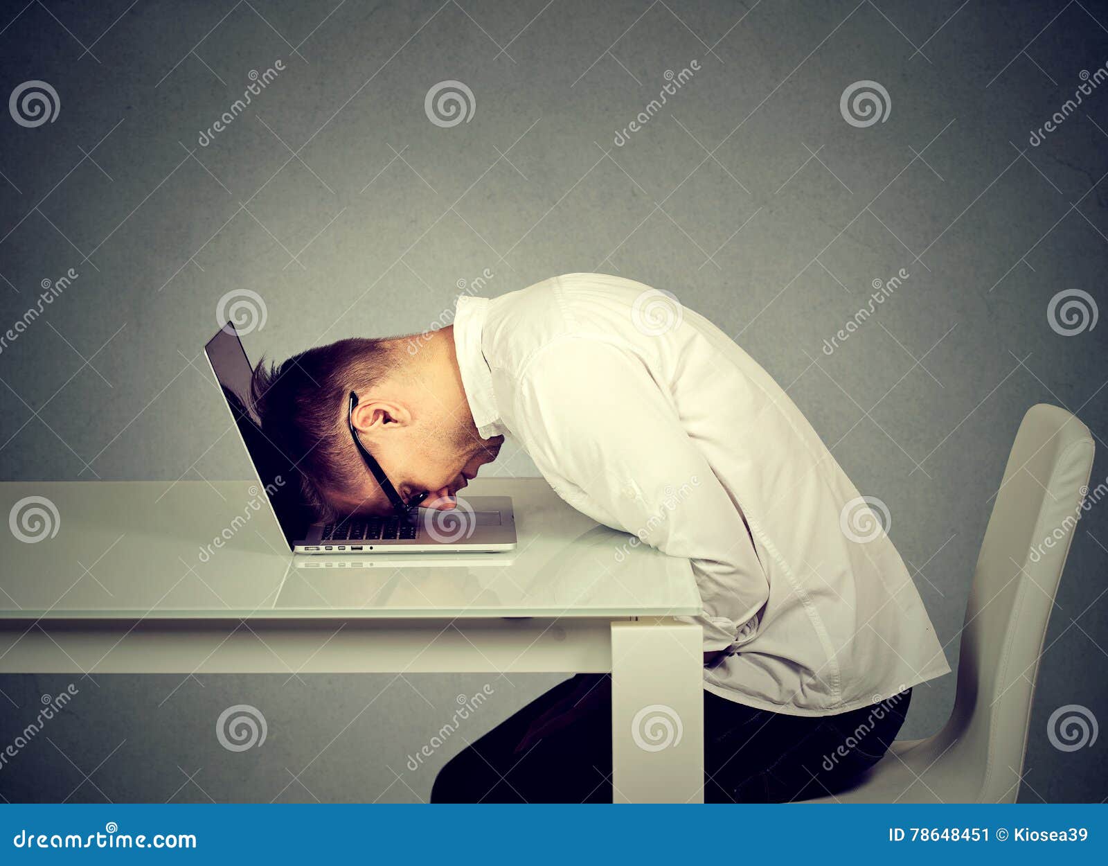 Desperate Employee Stressed Young Man Resting Head on Laptop Keyboard ...
