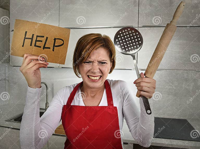 Desperate Inexperienced Home Cook Woman Crying In Stress Desperate Holding Rolling Pin And Help