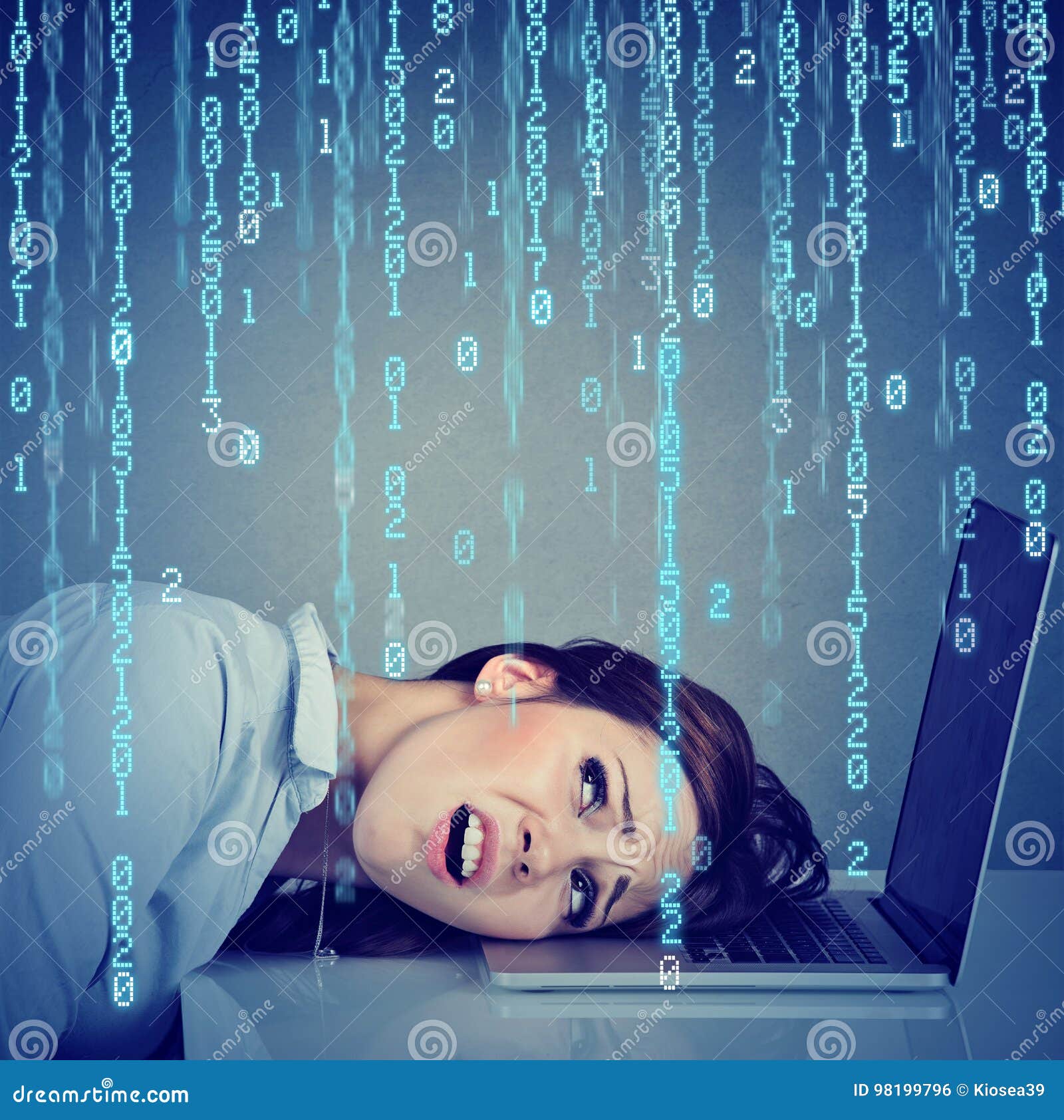 Desperate Stressed Woman Resting Head on Laptop with Binary Code ...