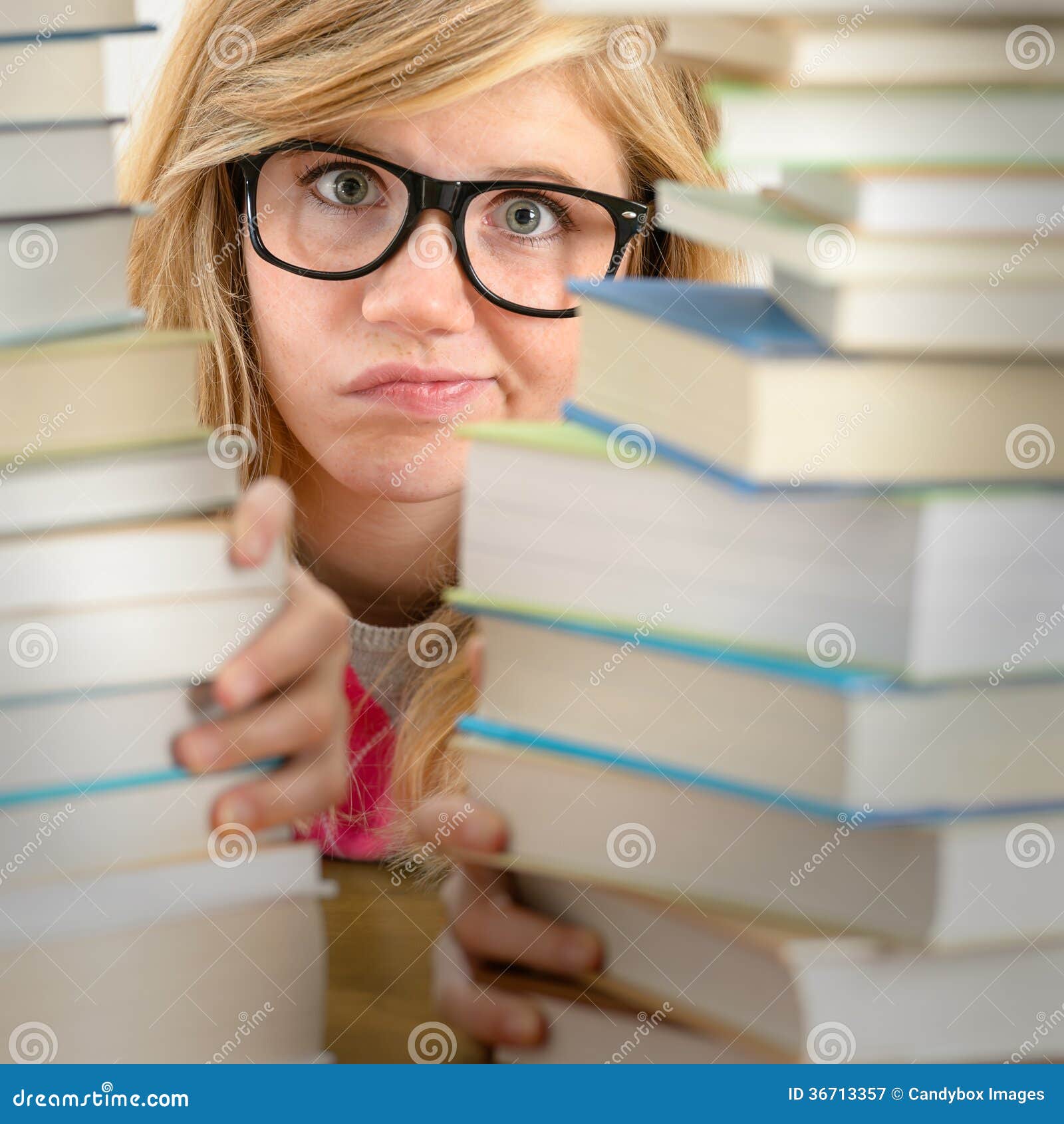 Desperate Student Teenager Look from Behind Books Stock Image - Image ...