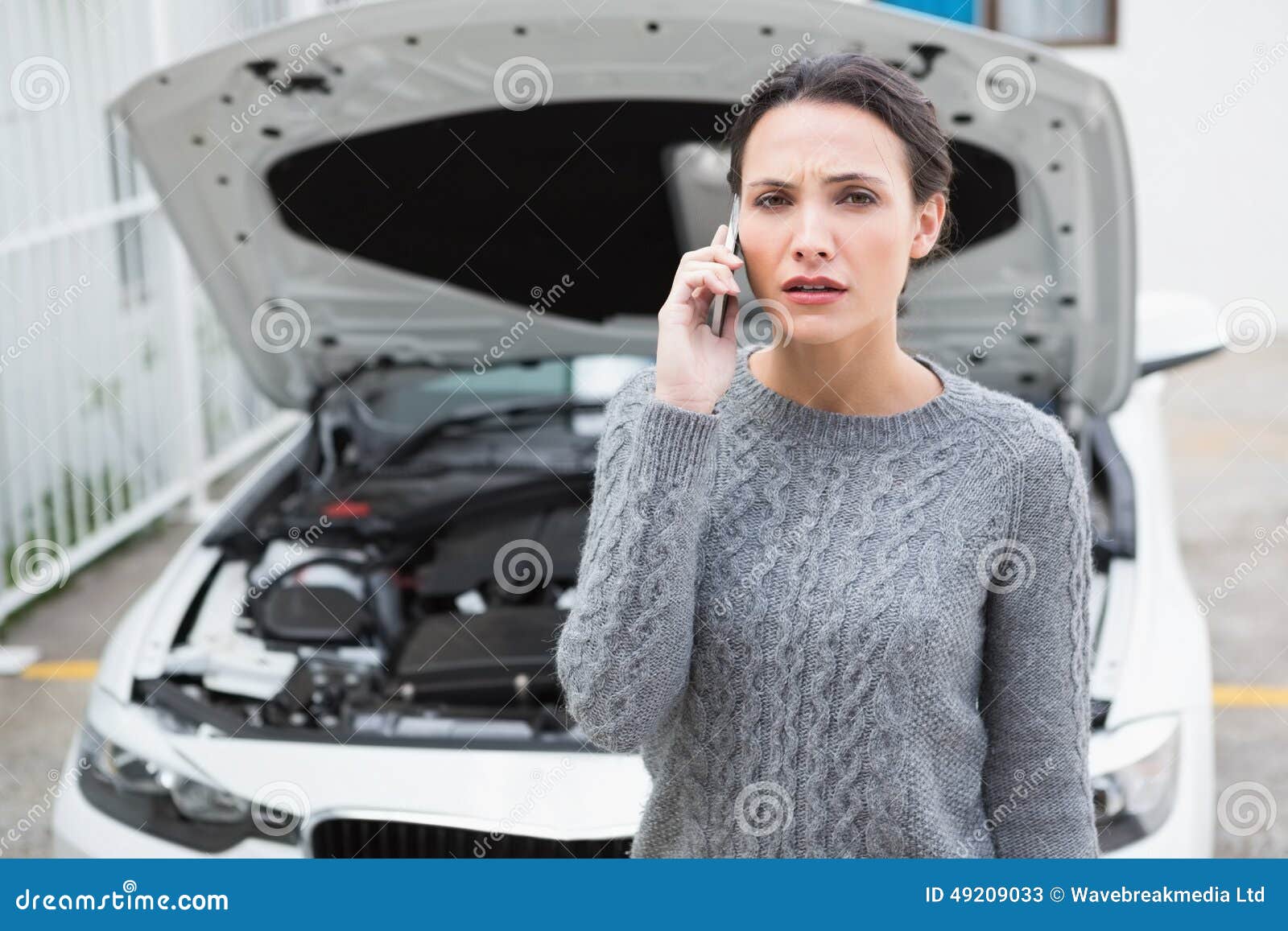 Desperate Woman Calling for Assistance after Breaking Down Stock Image ...