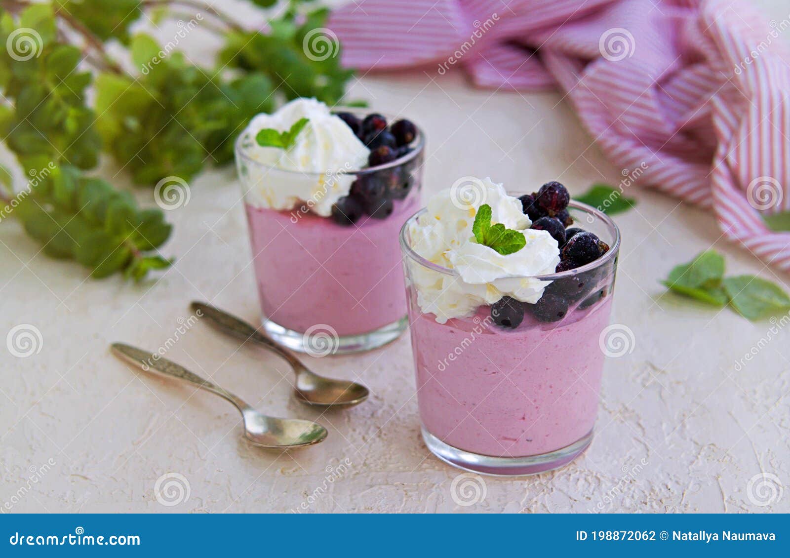 Dessert, Airy Mousse Whipped Cream and Mashed Black Currants or Pudding ...