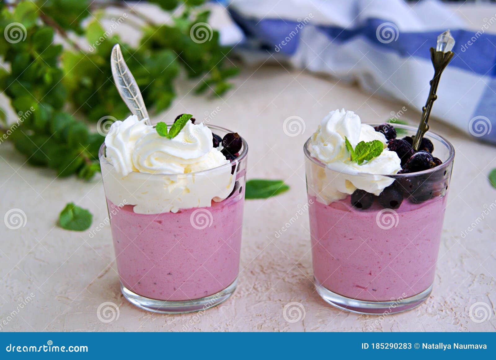 Dessert, Airy Mousse Whipped Cream and Mashed Black Currants or Pudding ...