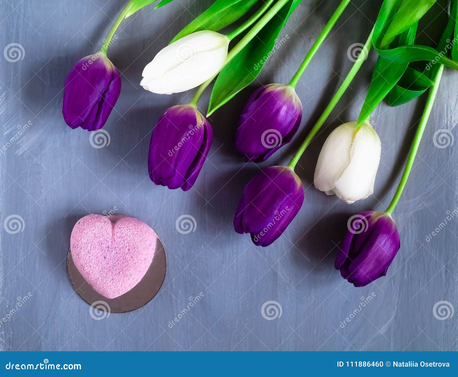 Dessert and Bouquet of Ultraviolet Tulips on a Light Background, Space ...