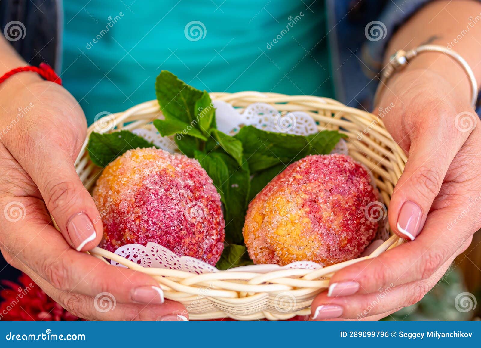 Dessert in the Form of Peaches in the Hands of a Girl Stock Photo ...