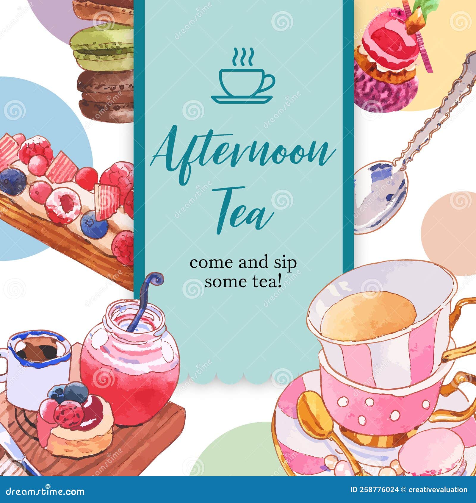 Dessert Frame Design with Cupcake, Macarons, Tea Cup Watercolor ...