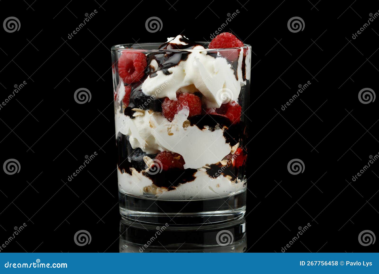 Dessert in Glass with Cream, Berries and Liquid Chocolate Stock Photo ...