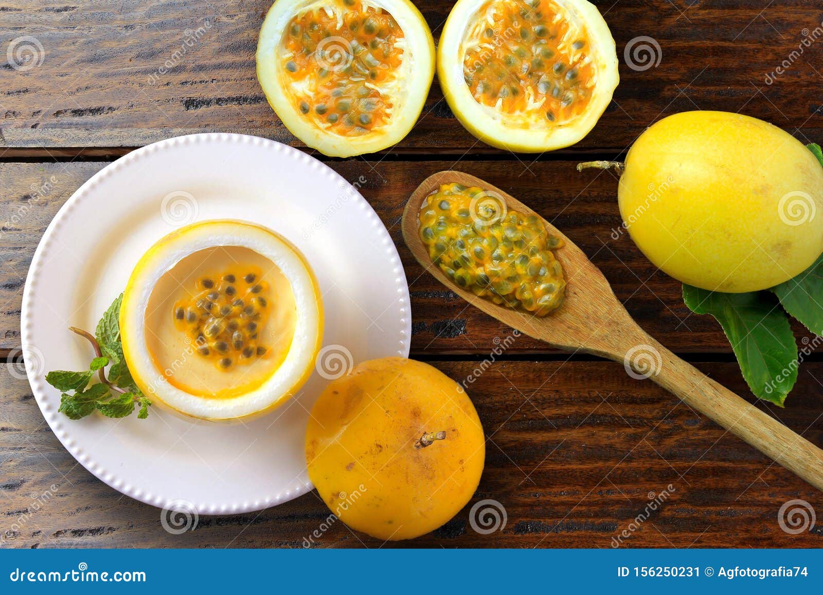 Dessert Passion Fruit Mousse in Fruit Rind on Plate Decorating Rustic ...