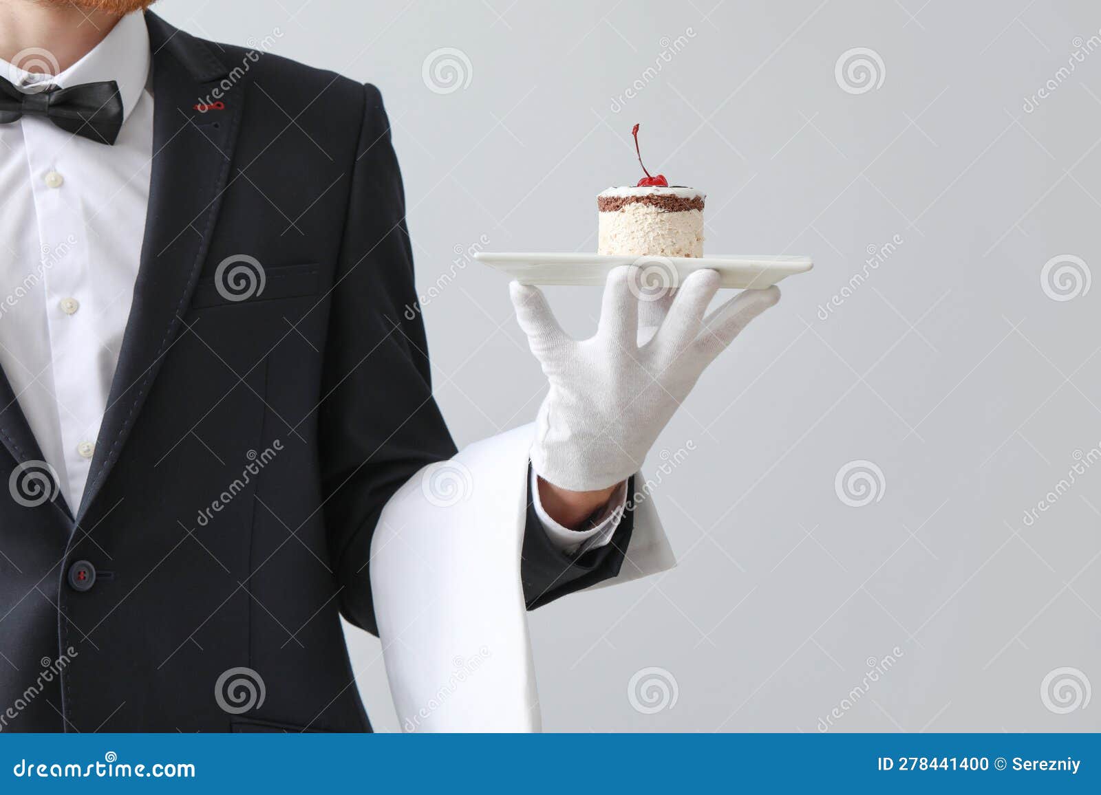 Handsome Waiter with Dessert on Light Background Stock Photo - Image of ...