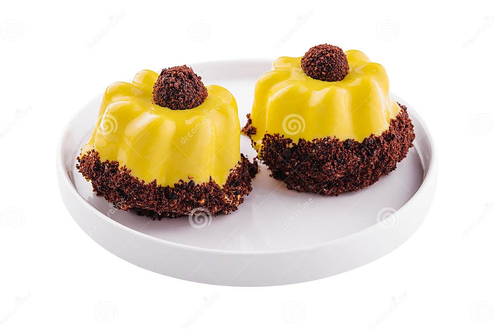 Dessert in Yellow Icing on Plate Stock Image - Image of golden, gold ...